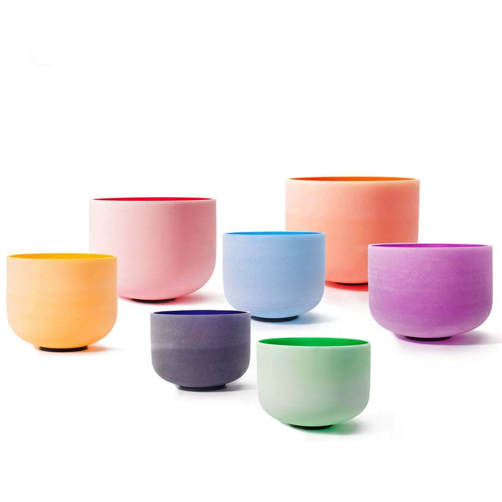 440 HZ Set of 7 Pieces of Color Frosted Quartz Crystal Singing Bowls 6"-12" + mallets & O-rings