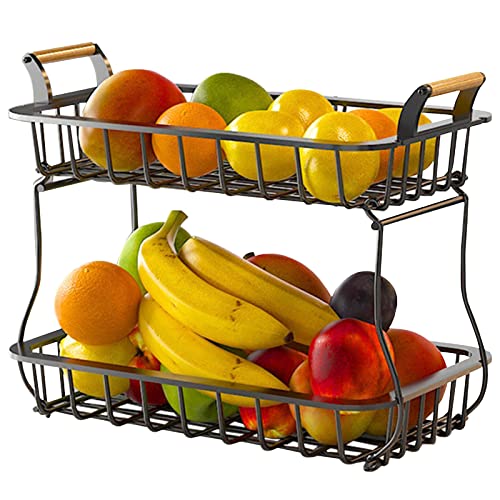 2 Tier Fruit Storage Basket Countertop for Kitchen, Bread Vegetable Farmhouse Fruit Basket Bowl Stand Detachable Metal Wire Basket with Wooden Handle for Kitchen, Reception, Dining Table（Black）