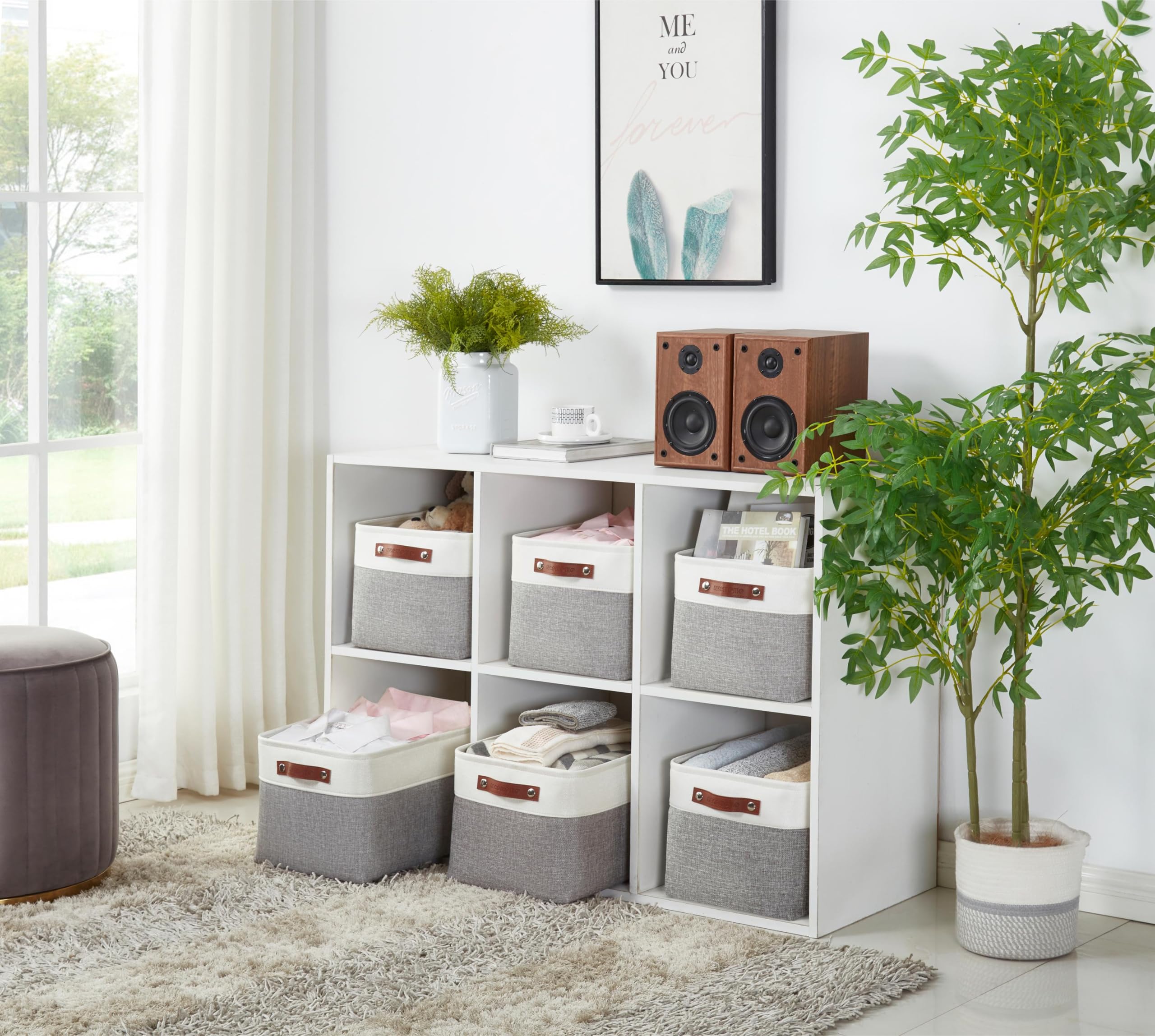 DECOMOMO Storage Bins Fabric Storage Baskets for Shelves, Linen Closet Organization Toys Nursery (Grey and White, XL - 3 Pack)