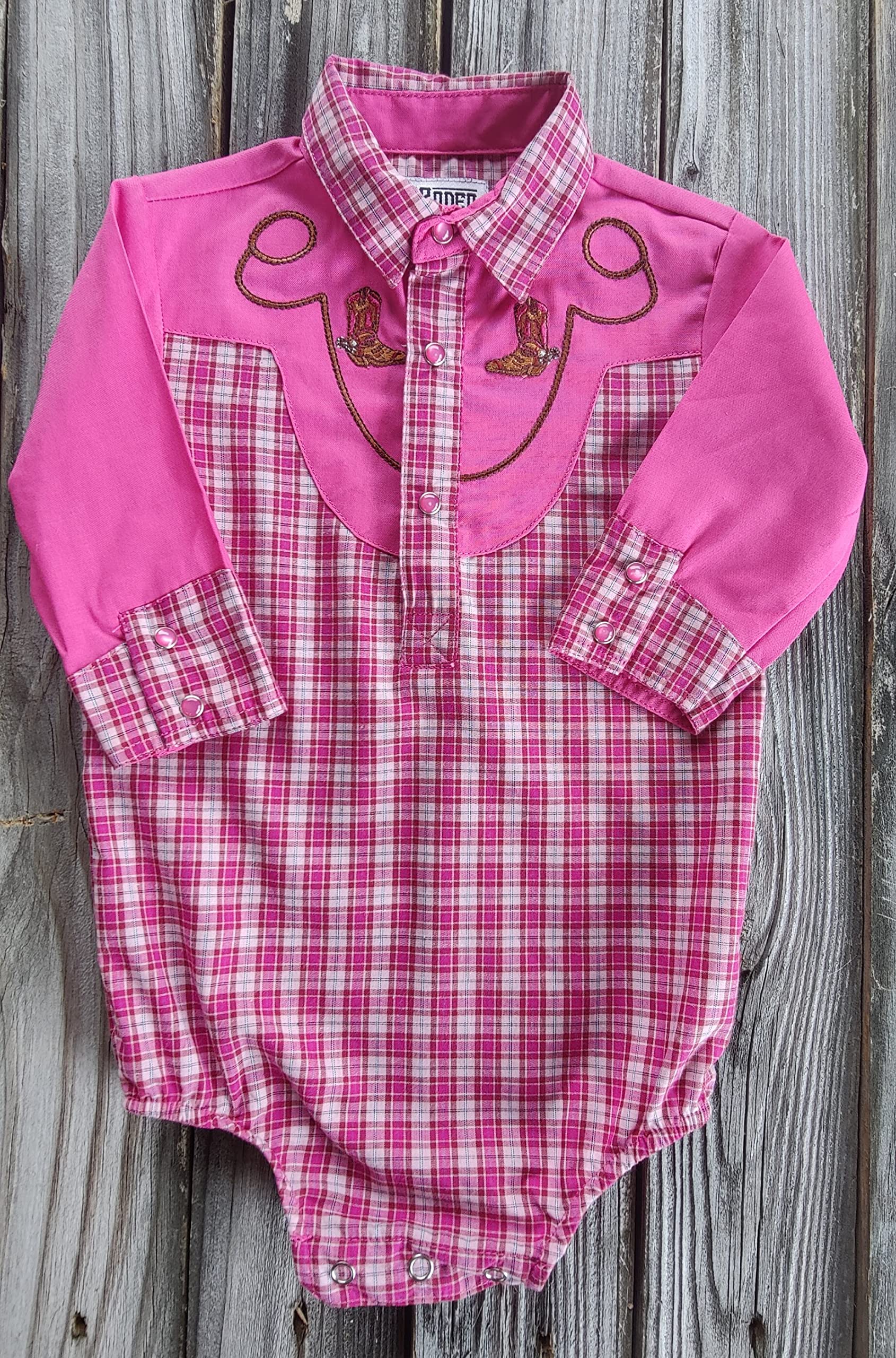 4Rodeo Baby Toddler Western Pink Plaid Cowboy Bodysuit Shirt (9-12 Months)