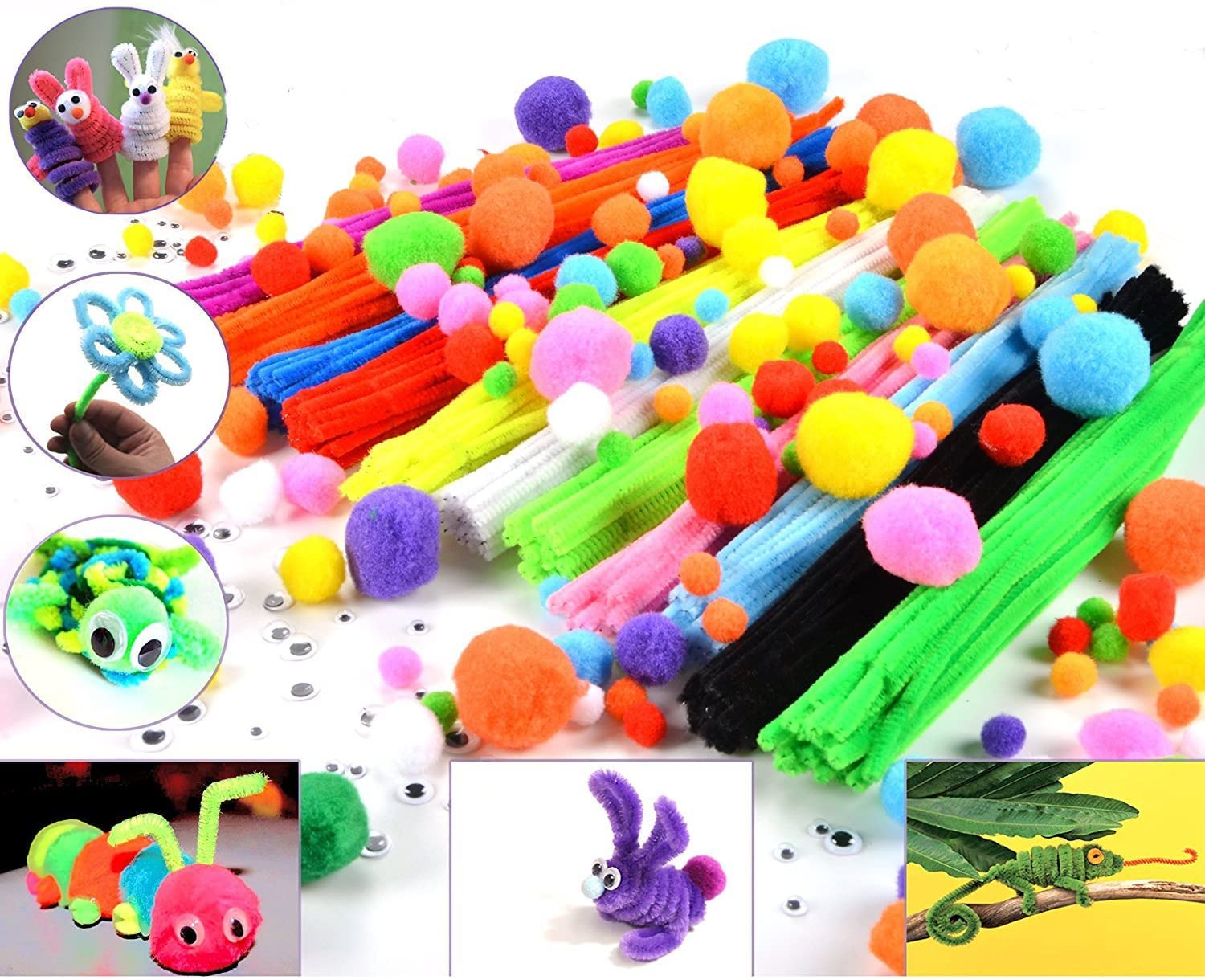 450 Pcs Pipe Cleaners, Which Includes 100Pcs Pipe Cleaners Craft,150Pcs Googly Eyes Self Adhesive and 200Pcs Pompoms for Arts and Crafts for Kids Ages 8-12