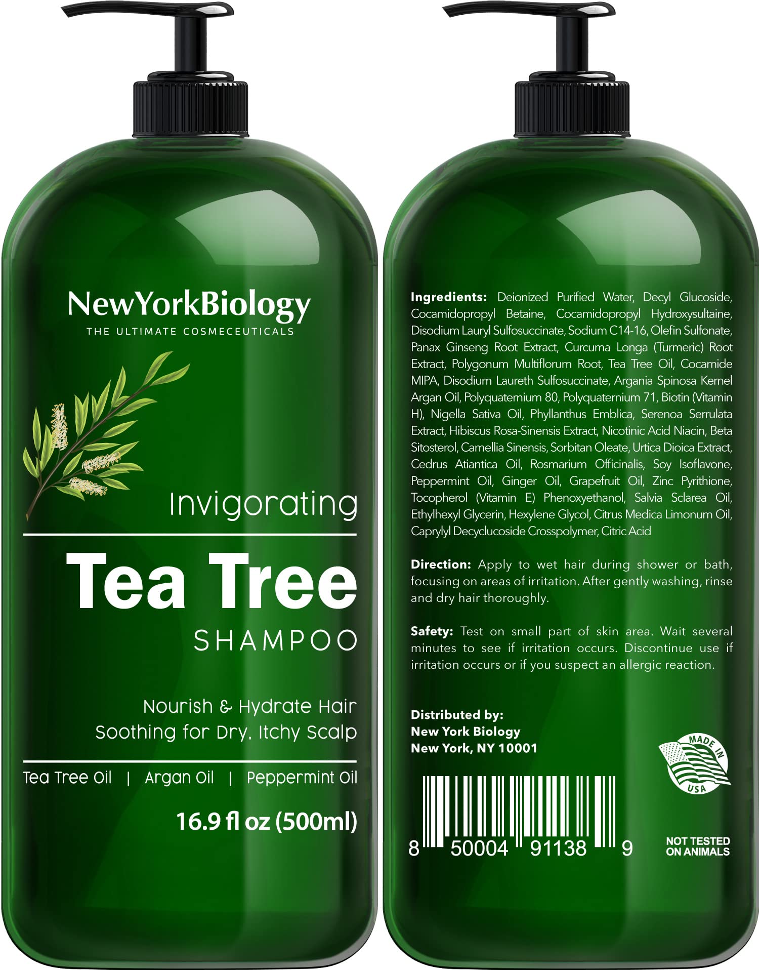 New York Biology Biotin Shampoo and Conditioner Set for Hair Growth with Tea Tree Shampoo and Conditioner Set - Thickening Formula for Hair Loss Treatment - Relief for Dandruff – 16 fl. Oz