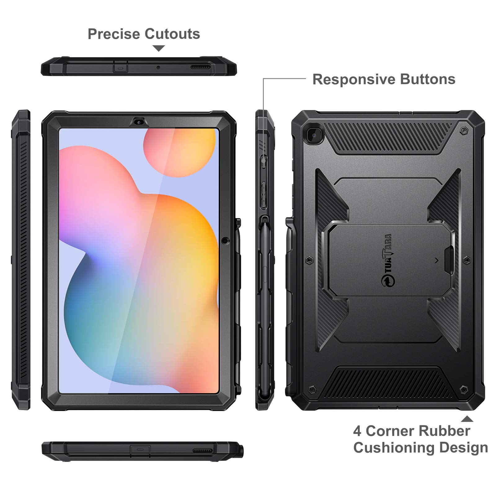 Fintie Shockproof Case for Samsung Galaxy Tab S6 Lite 10.4 Inch 2024/2022/2020, Tuatara Rugged Unibody Hybrid Bumper Kickstand Cover with Built-in Screen Protector, Black