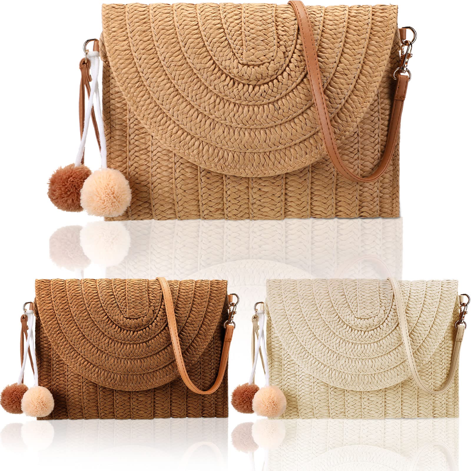 3 Pieces Straw Crossbody Bag for Women Shoulder Bags Purse Beach with Pompom Summer Envelope Wallet, Khaki, Brown, Beige