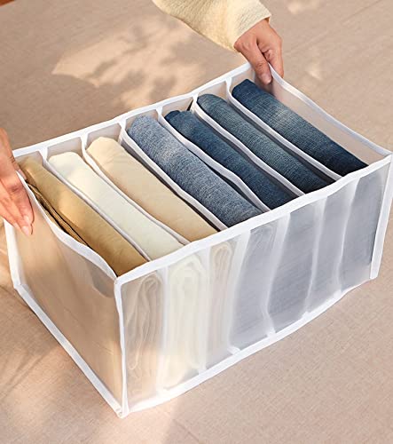 2PCS Clothes Organizer(7 Grids)Drawer Dividers for Clothes - Foldable Grid Storage Box with Multiple Layers, Portable Washable Storage Containers for Scarves, Leggings, T-shirts, Jeans (Jeans and Trousers with 7Grids, Gray)