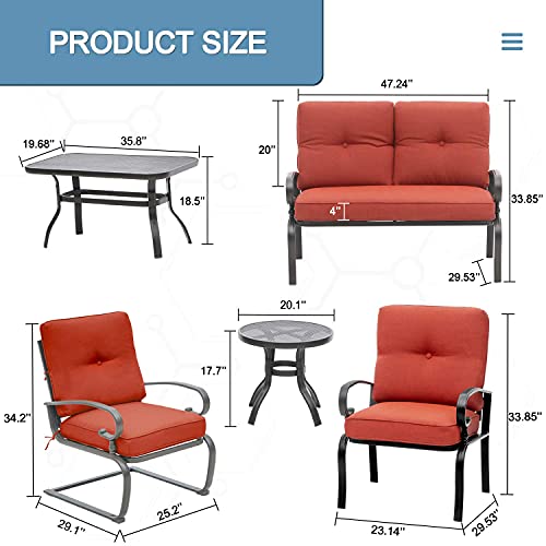 Oakmont 7-Piece Outdoor Metal Furniture Sets Patio Conversation Set Wrought Iron Loveseat, 2 Single Chairs, 2 Spring Chairs and Coffee Table, Red