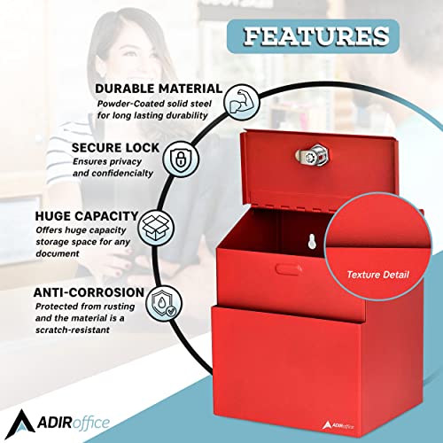 Adir Wall Mountable Steel Suggestion Box with Lock - Donation Box - Collection Box - Ballot Box - Key Drop Box - Safe Storage Box with 25 Suggestion Cards (Red)