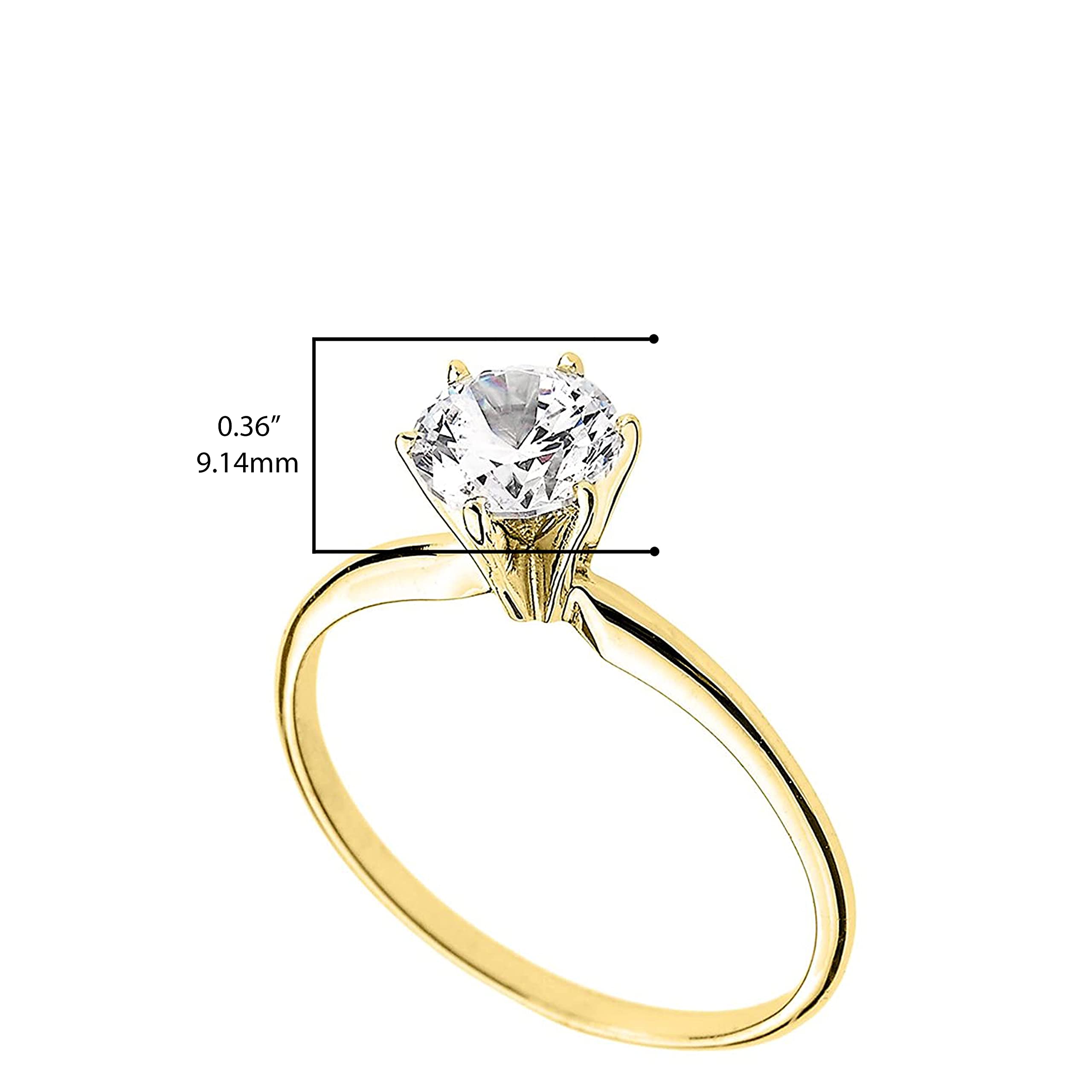 10K Yellow Gold Round Brilliant Cut Cubic Zirconia Solitaire 6 Prong Engagement Ring with Slender Band - Size 6