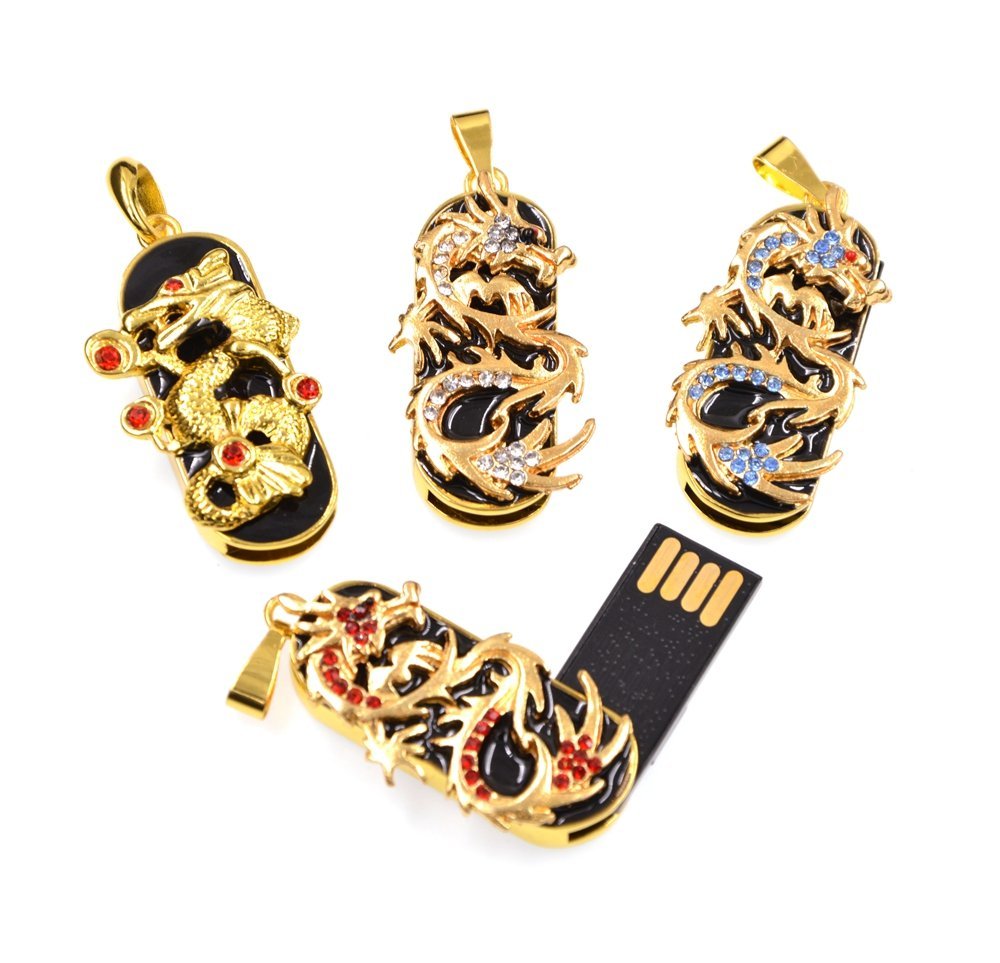 32GB USB Flash Drive Lovely Golden Dragon Thumb Drive with Crystal Pendant with Necklace USB 2.0 Memory Stick Pendrive by FEBNISCTE