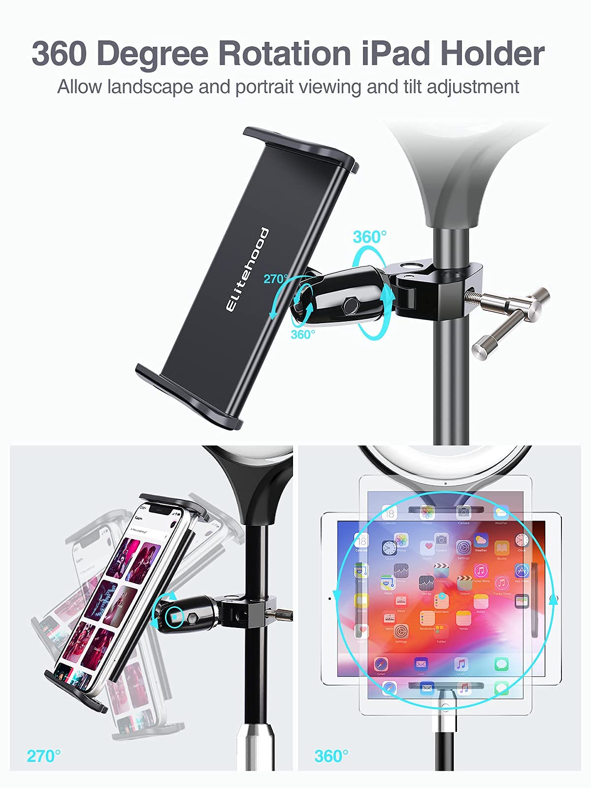 Elitehood iPad Stand with Ring Light for Online Video Conference, 3 Colors & 10 Brightness Computer Ring Light, Adjustable Desktop iPad Holder Stand for iPad Pro 12.9 11 Air Mini and 4-13’’ Tablet
