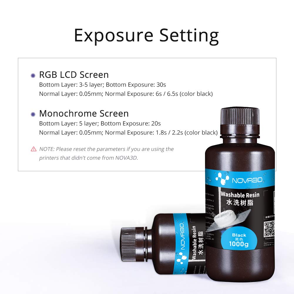 NOVA3D Water Washable 3D Resin Lower Odor LCD 3D Rapid Resin 405nm Photopolymer Resin for LCD 3D Printing, Black, 500g