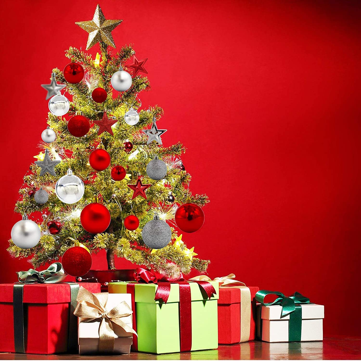 101 Pcs Christmas Tree Ornaments Ball Ornaments Set with Shatterproof Christmas Ball Decoration Santa Claus Star Pandent for Xmas Tree, Reusable Hand-held Gift Package (Red)