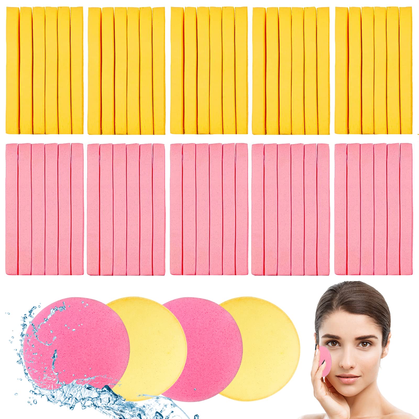 120 Pcs Facial Sponge Compressed,Face Cleansing Sponge Makeup Removal Sponge Pad,Exfoliating Wash Round Sponge for Women,Girls(Pink,Yellow)