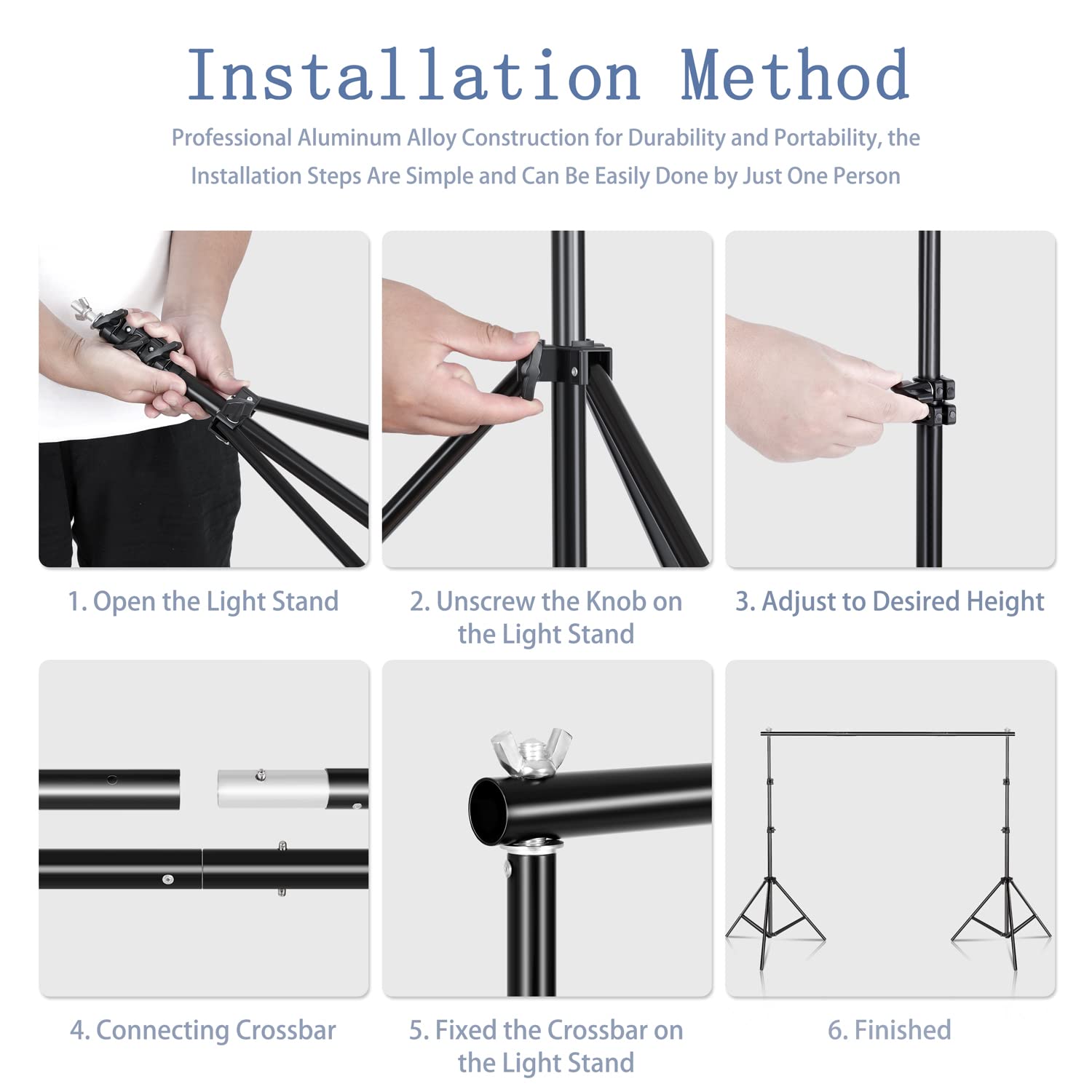 Walk Fly Backdrop Stand, 2x2m Adjustable Photography Muslin Background Support System Stand with Spring Clamps for Photo Video Studio Shooting, Christmas Parties Wedding