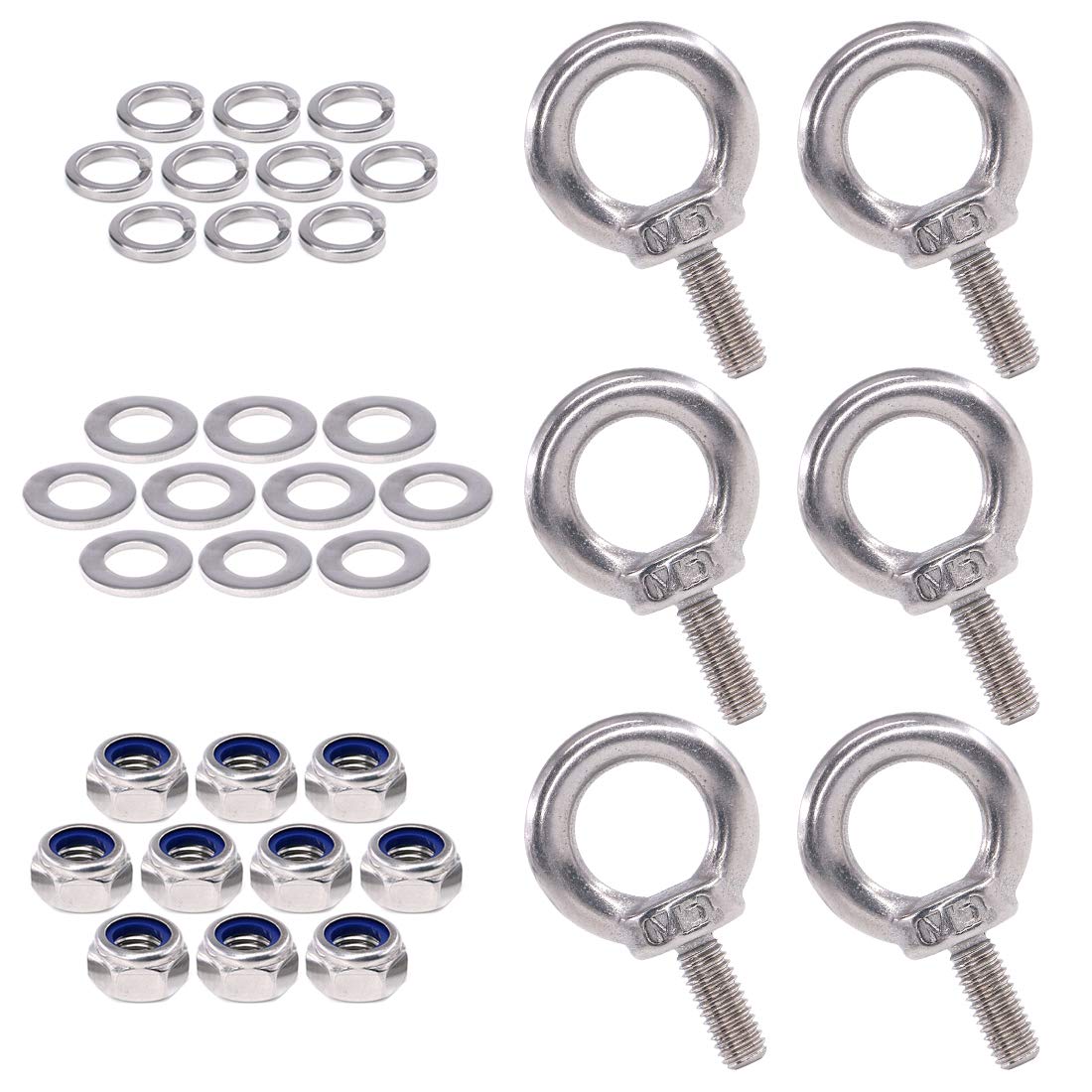 36Pcs 304 Stainless Steel M5 Male Thread Lifting Ring Eye Bolt Kit, Including 6Pcs M5 Eye Bolt with 10Pcs Lock Nuts, 10Pcs Lock Washers and 10Pcs Flat Washers