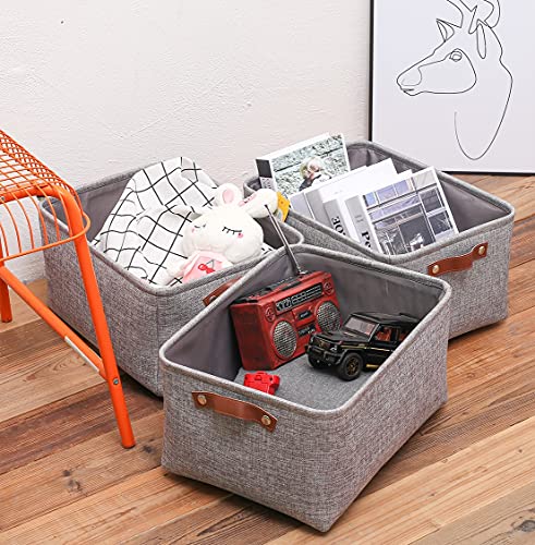QURTS Large Storage Bins(15.74 x 11.81 7.87 inches), Foldable Fabric Baskets with Handles for Cupboards, Wardrobe, Shelves, Bathroom, Clothes, Toys, Towel (Grey, 3 Pack) Gray 15.6 11.7 7.8 inches