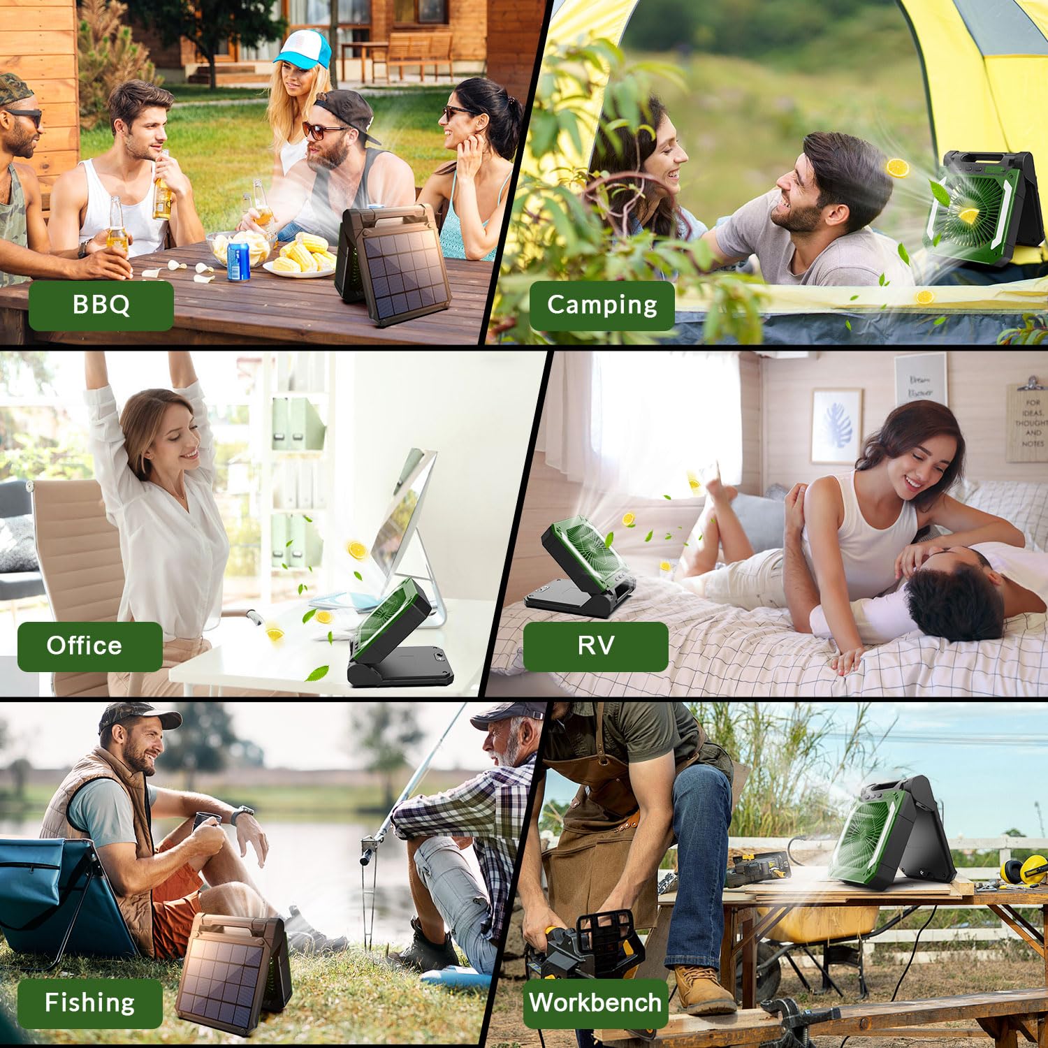 20000mAh Rechargeable Solar Camping Fan with Led Lantern, 3 Speeds Cordless Battery Powered Portable Fan with PowerBank,Timer & Hanging Hook, Quiet Desk Fan for Tent Hurricane Worksite (Green)