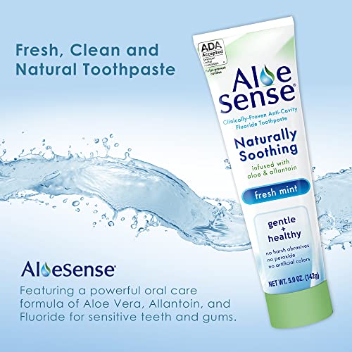 AloeSense Fluoride Toothpaste, Naturally Soothing Toothpaste Sensitive Teeth and Gum Care with Aloe Vera, Allantoin & Fresh Mint Flavor, Gentle & Natural Toothpaste, ADA Approved (5-oz, 3 Count)