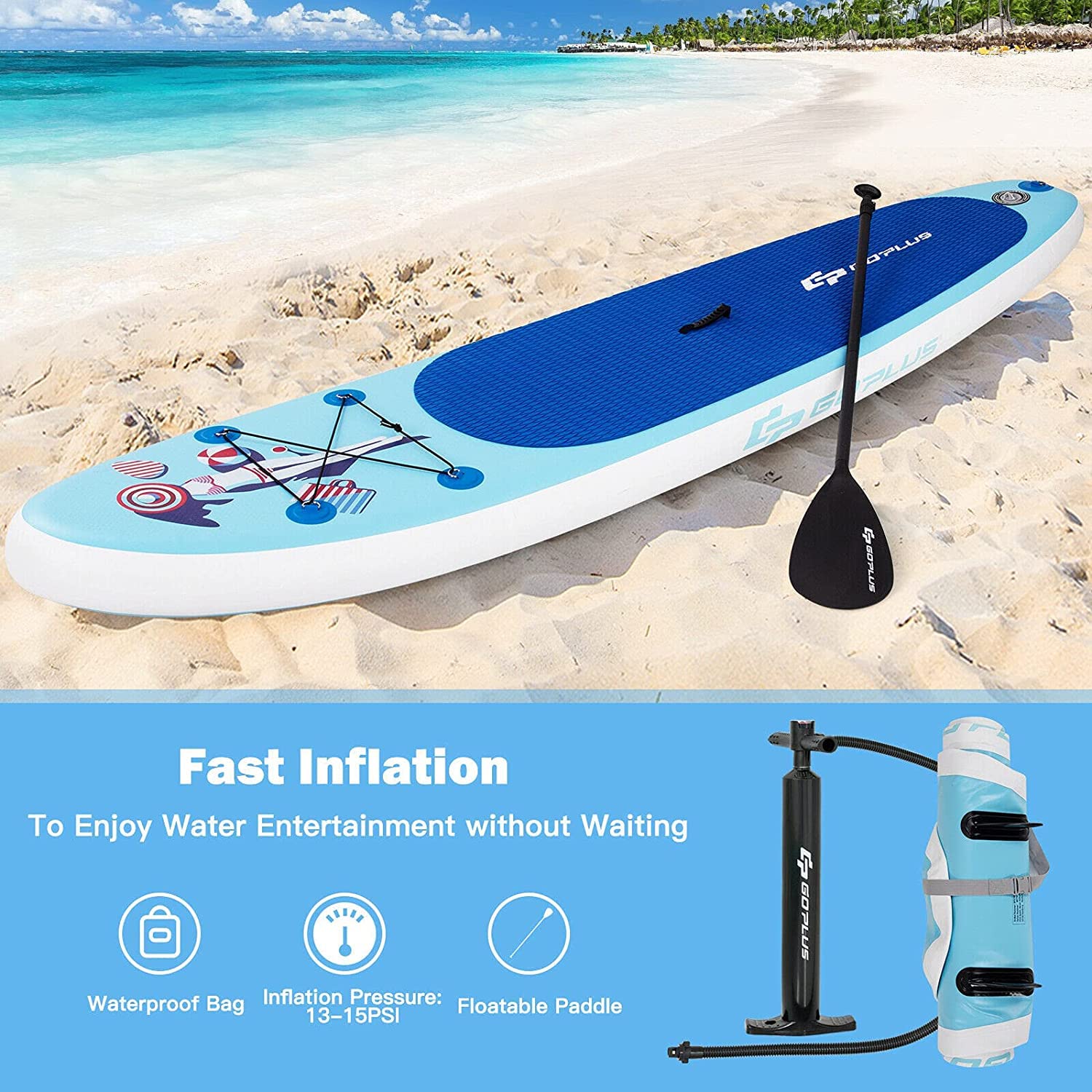 10‘ Inflatable Lightweight Stand up Paddle Board, Premium Yoga Board W/Durable SUP Accessories, with Fins, Carrying Bag, Non-Slip Deck, Adjustable Paddle & Hand Pump, Wide Stance