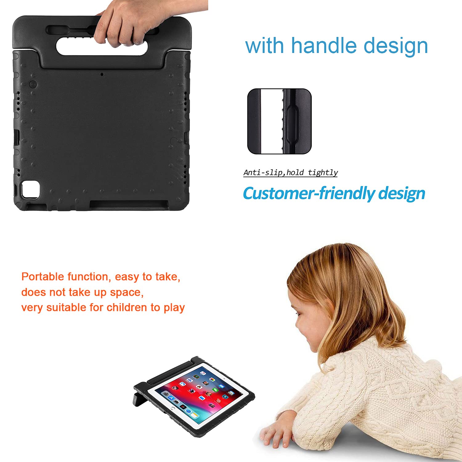 UUcovers Kids Case for Apple iPad Pro 12.9 inch 2022/2021/2020/2018 (6th/5th/4th/3rd Generation) with Pencil Holder/Rotating Kickstand Swivel Handle EVA Foam Shockproof Rugged Flip Stand Cover, Black