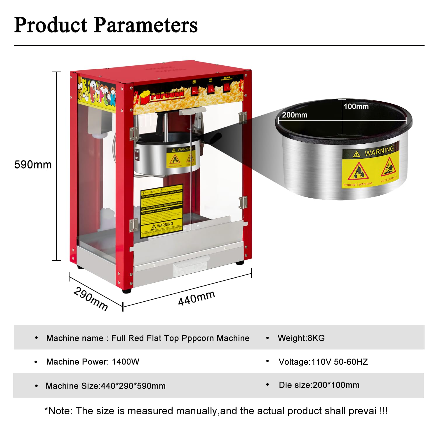 110V US Commercial Popcorn Machine, 8oz Popcorn Maker with Stainless-Steel Kettle,1400 W Countertop Popcorn Maker ,Movie Theater Popper with 3-Switch Control Steel Frame Acrylic Doors, Red