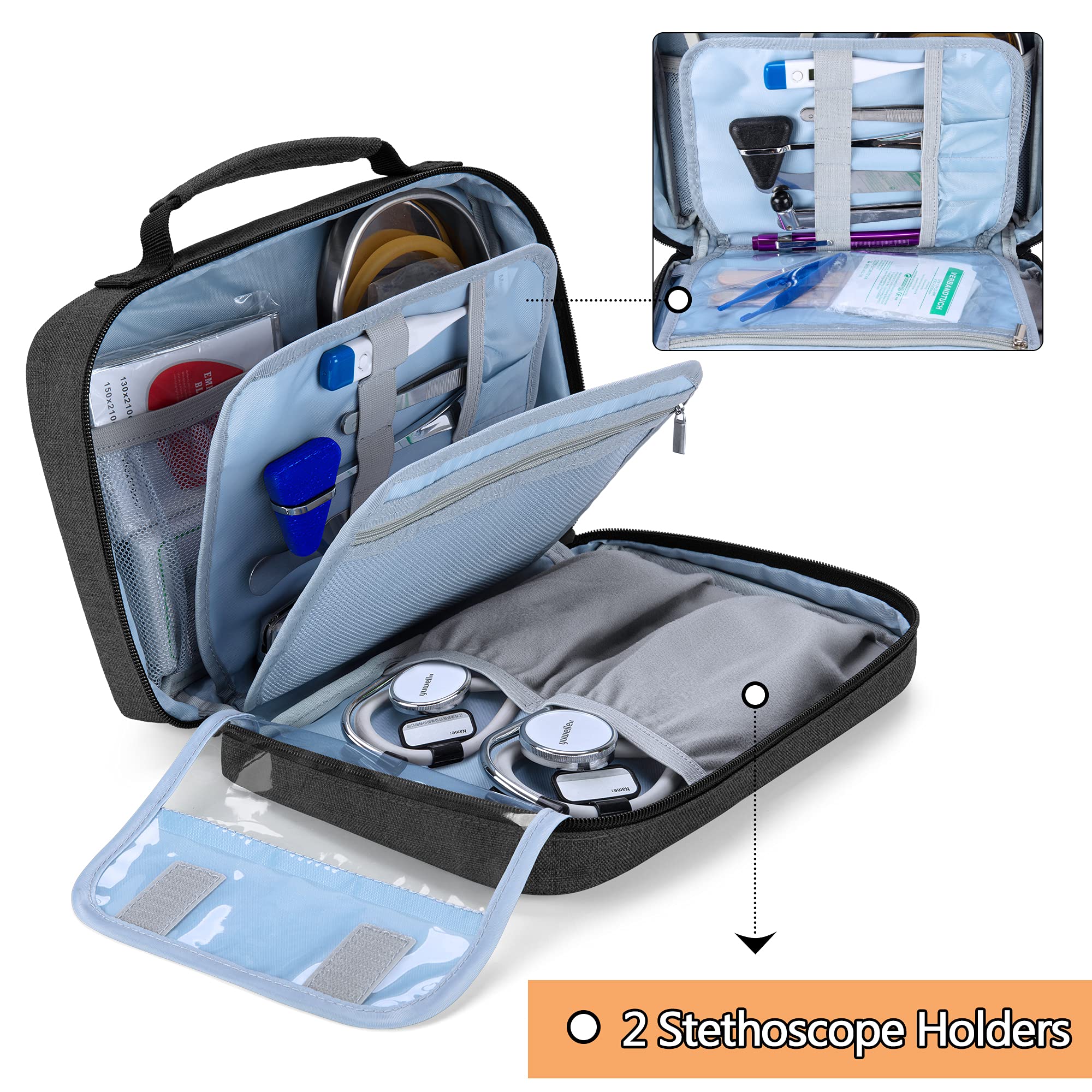 Damero Carrying Case for 2 Stethoscopes, Portable Stethoscope Case Compatible with 3M Littmann/ADC/Omron Stethoscope, BP Cuffs and Other Accessories, Black