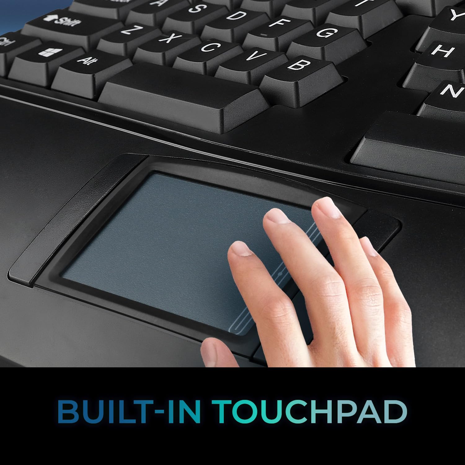 Adesso WKB-4500UB - Wireless Ergonomic Desktop Touchpad Keyboard, Split Keys Design, Palm Rest, Media Control Hotkeys, Long Battery Life - Compatible for Laptop/Desktop, Black