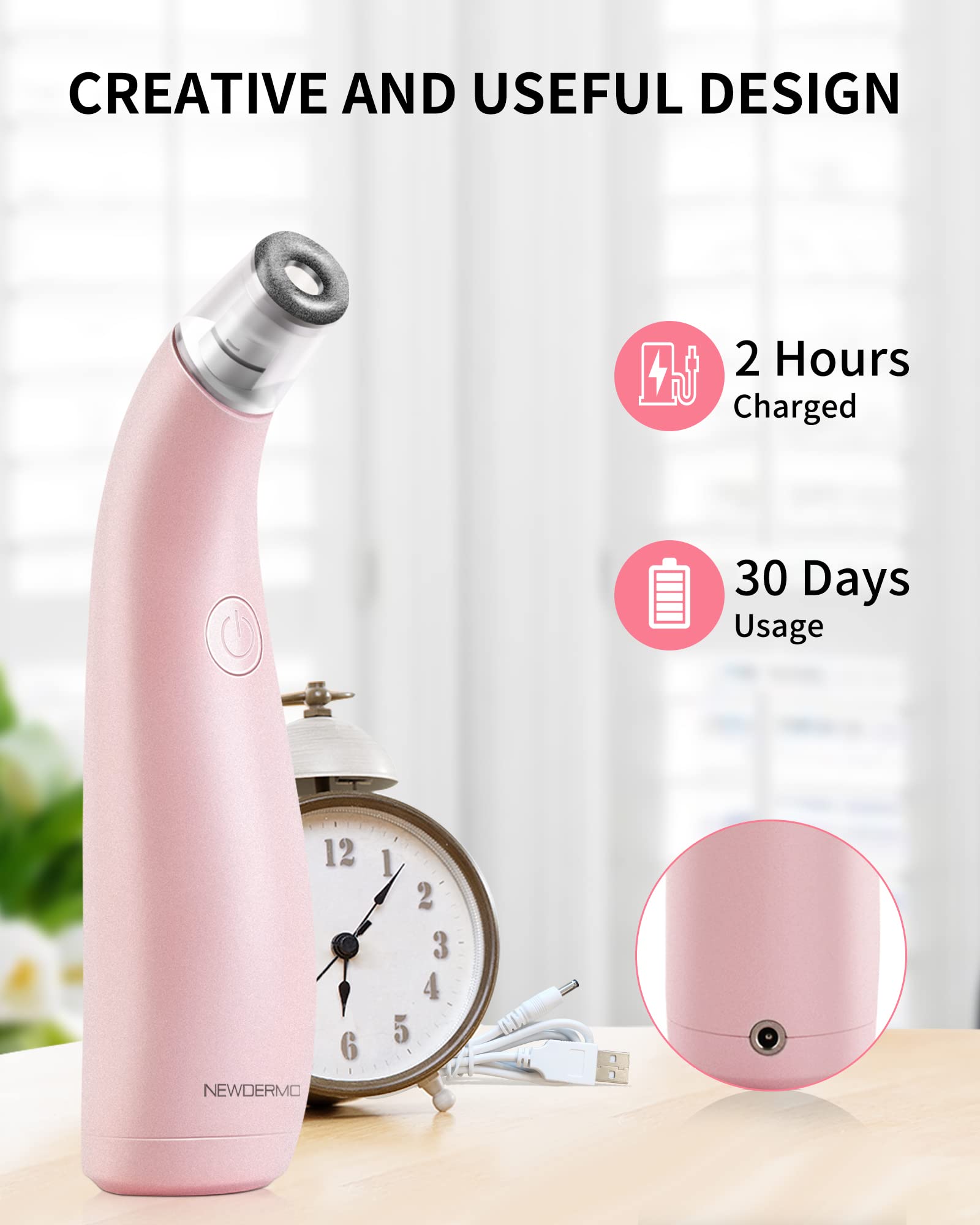 NEWDERMO 2-in-1 Microdermabrasion Machine for Facial, Diamond Microdermabrasion Device USB Rechargeable - Advanced Home Facial Treatment Machine (Pink)