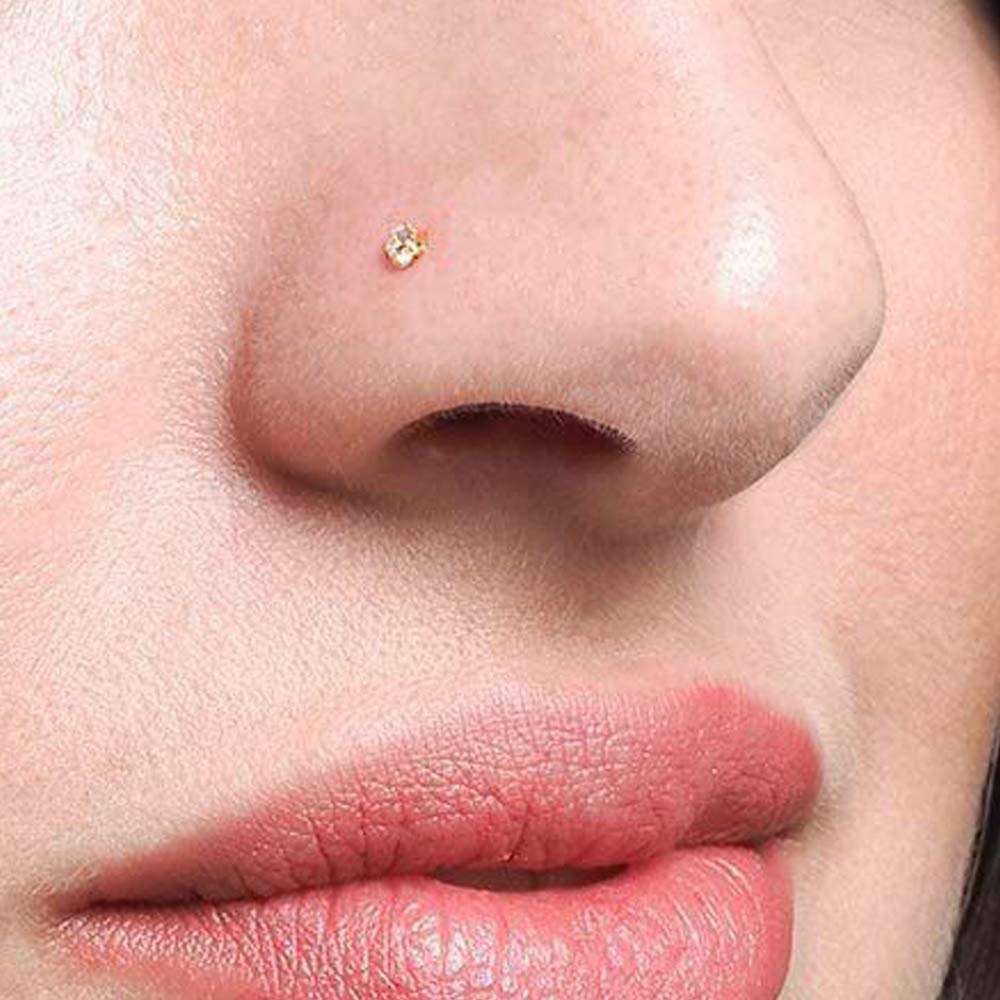 14K Yellow Gold Claw Set 2.5MM Clear Round Crystal Stone 22 Gauge L Shape Nose Stud Piercing Jewelry