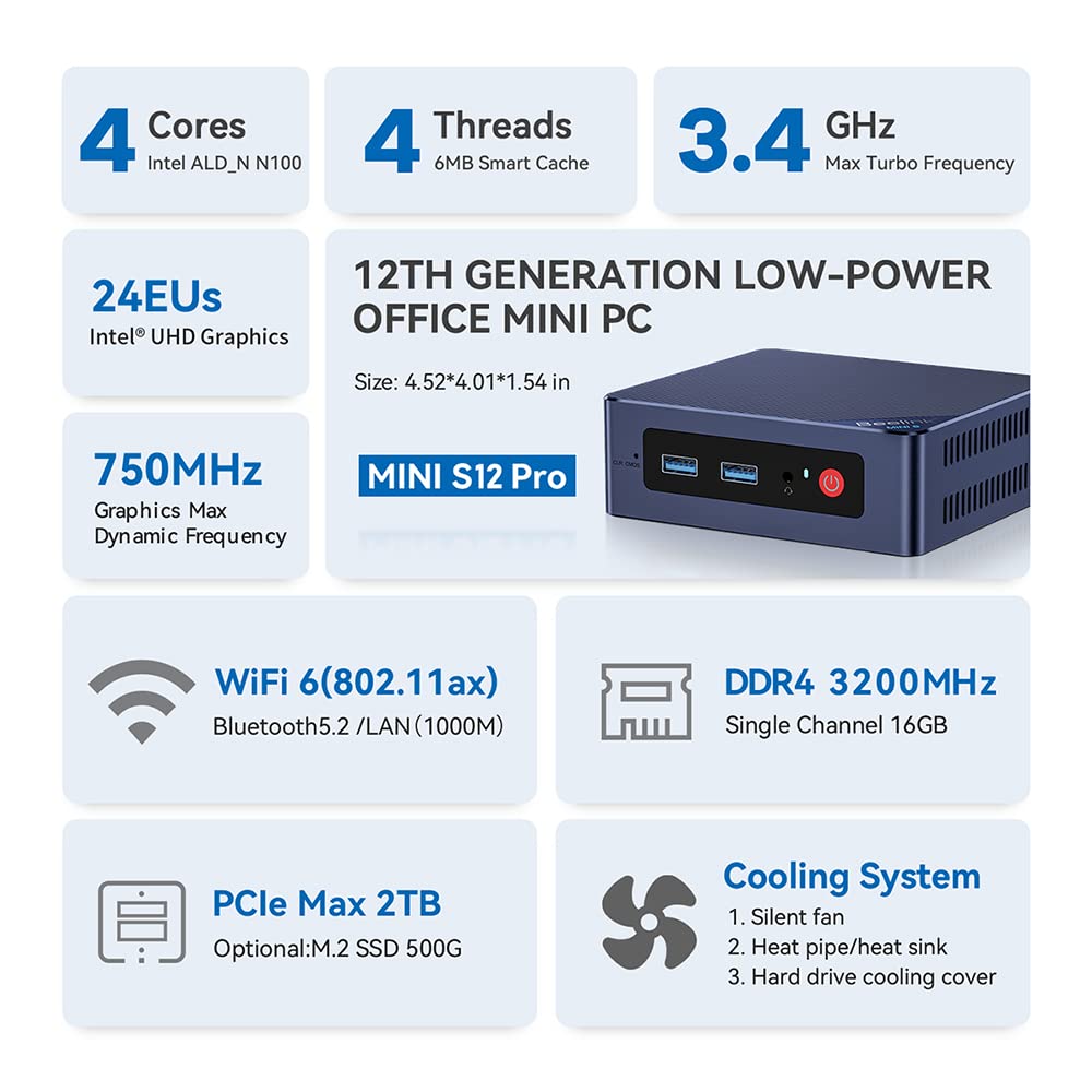 Beelink Mini PC, Mini S12 Pro Intel 12th Gen 4-Core N100(up to 3.4GHz), Mini Computer 16GB DDR4 RAM 500GB SSD, Desktop PC Dual HDMI 4K UHD/Gigabit Ethernet/WiFi6/BT5.2/W-11/HTPC/W-11 Pro