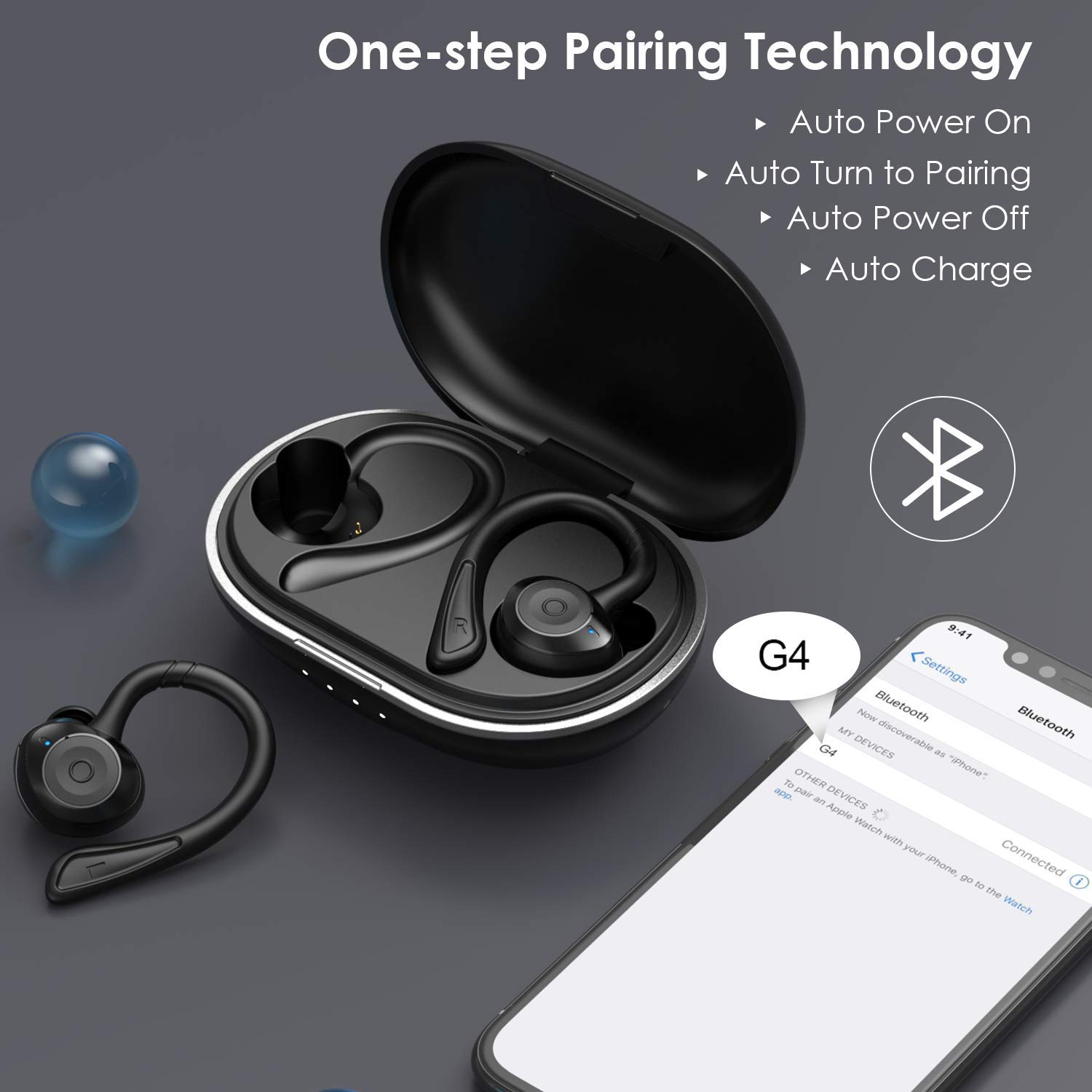 Sports Wireless Earbuds with Charging Case for 36hrs Long Playtime, True Wireless Bluetooth Headphone with Over-Ear Earhooks for Running, Rope Skipping, Yoga, IPX7 Waterproof, Deep Bass Earphone