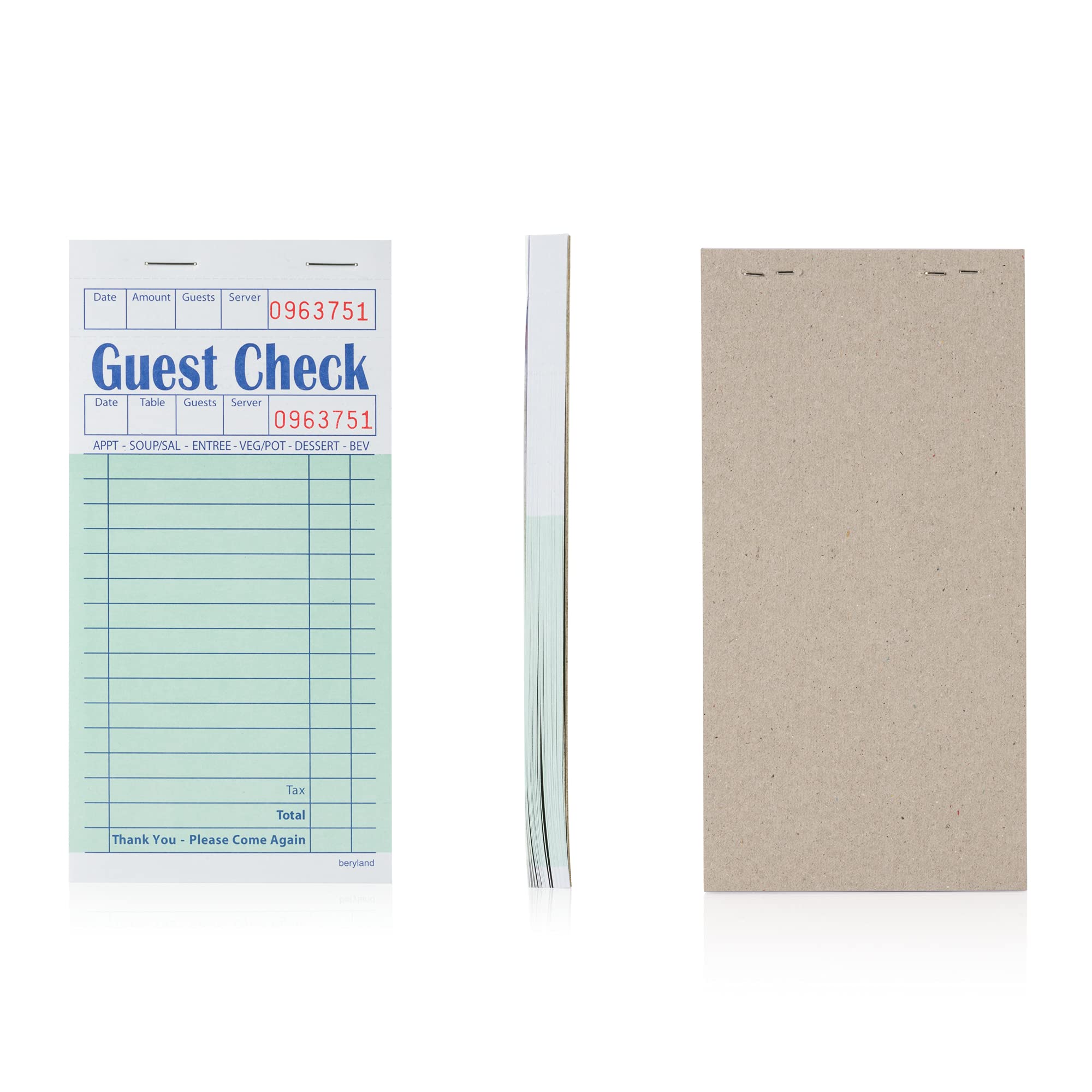 BERYLAND Server Note Pads - Guest Checks - Waitress Notepad, Double Sided, Pack of 10 Pads of 50 Sheets