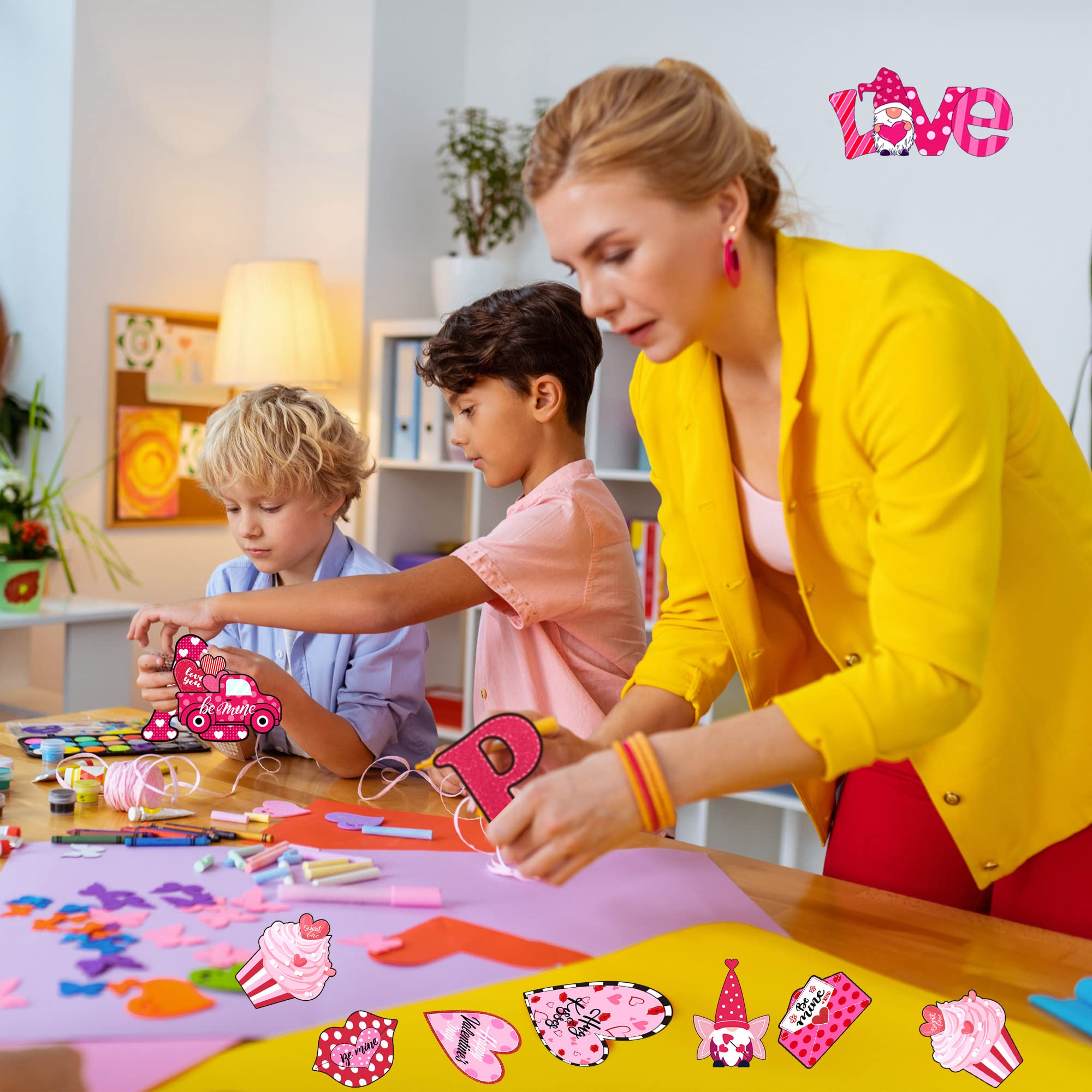 69 Pieces Valentine's Day Cutouts Romantic Gnome Heart Cutouts with 100 Pieces Glue Point Dots Valentines Day Bulletin Board Decorations Valentine Cardboard Paper Cutting for Classroom Decoration