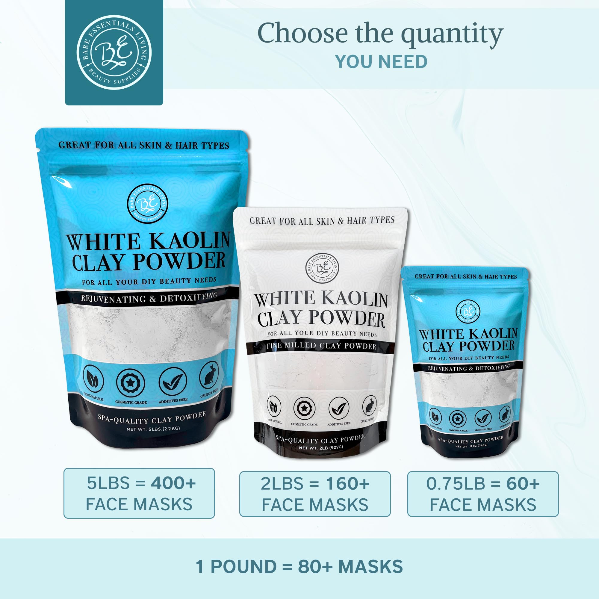 Bare Essentials Living - White Kaolin Clay Powder (2 lb) 100% Natural White Powdered Clay for Seed Bombs, White Clay Mask, DIY Spa, Soap, Bath Bomb, Deodorant, Can be Used as Kaolin Clay for Gardening