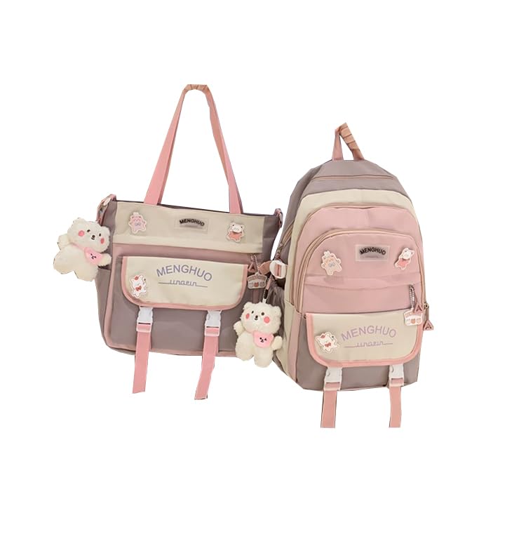2Pcs Kawaii Backpack with Shoulder Bags Large Capacity School Backpack Sets with Pendant Pins Pink