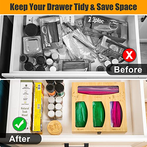 AKAT HOME Bamboo Ziplock Bag Storage Organizer & Baggie Dispenser for Kitchen Drawer β Wooden Zip Lock Container Holder Wall Gallon,Sandwich,Snack,Quart (Flip, Engraved, - M1)