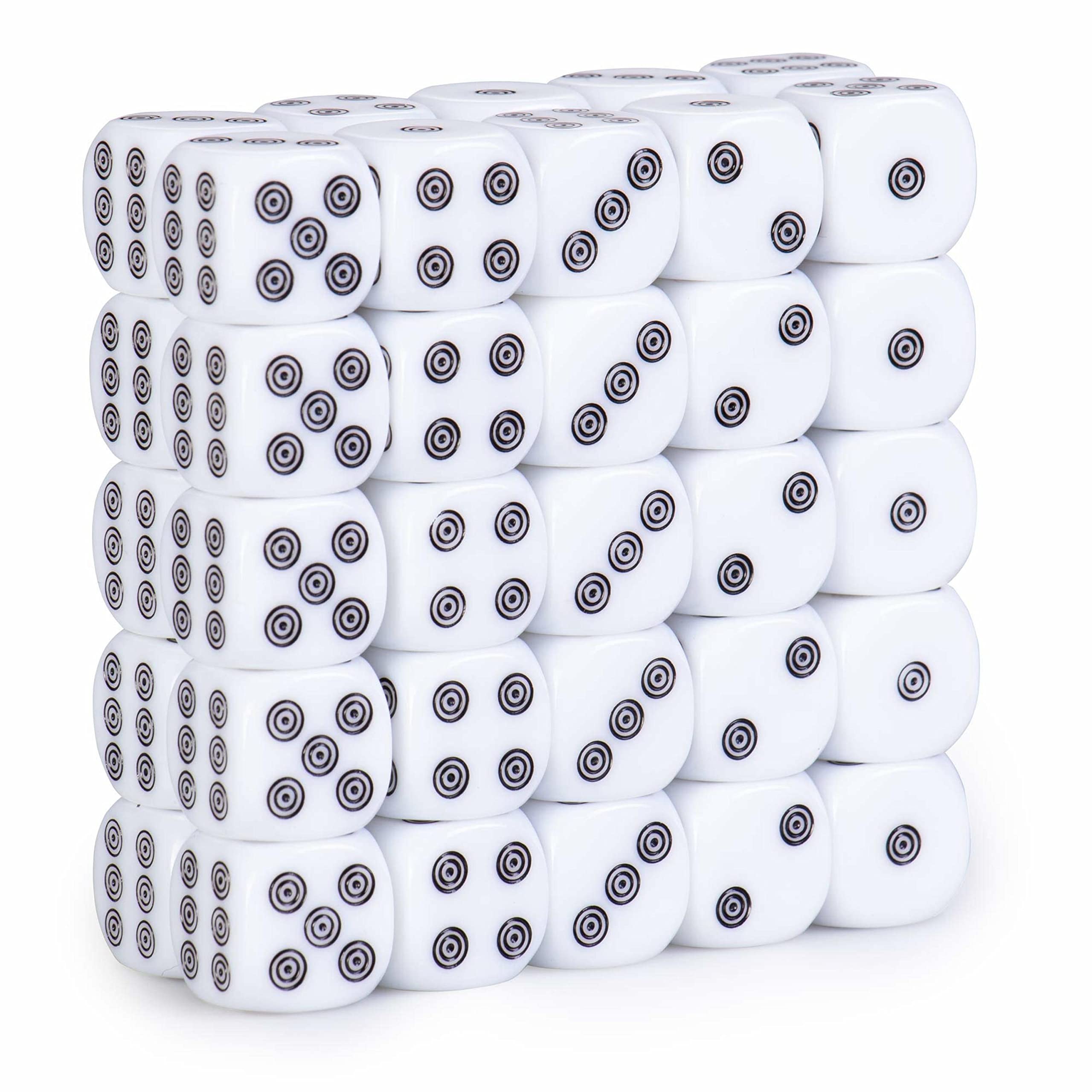 50-Pack of Bullseye Dice - 16mm Six Sided Dice with Unique Target Pips - Classic Dice for Games Like Farkle, Liar's Dice, Bunco, Balut, 10000, Craps, and More