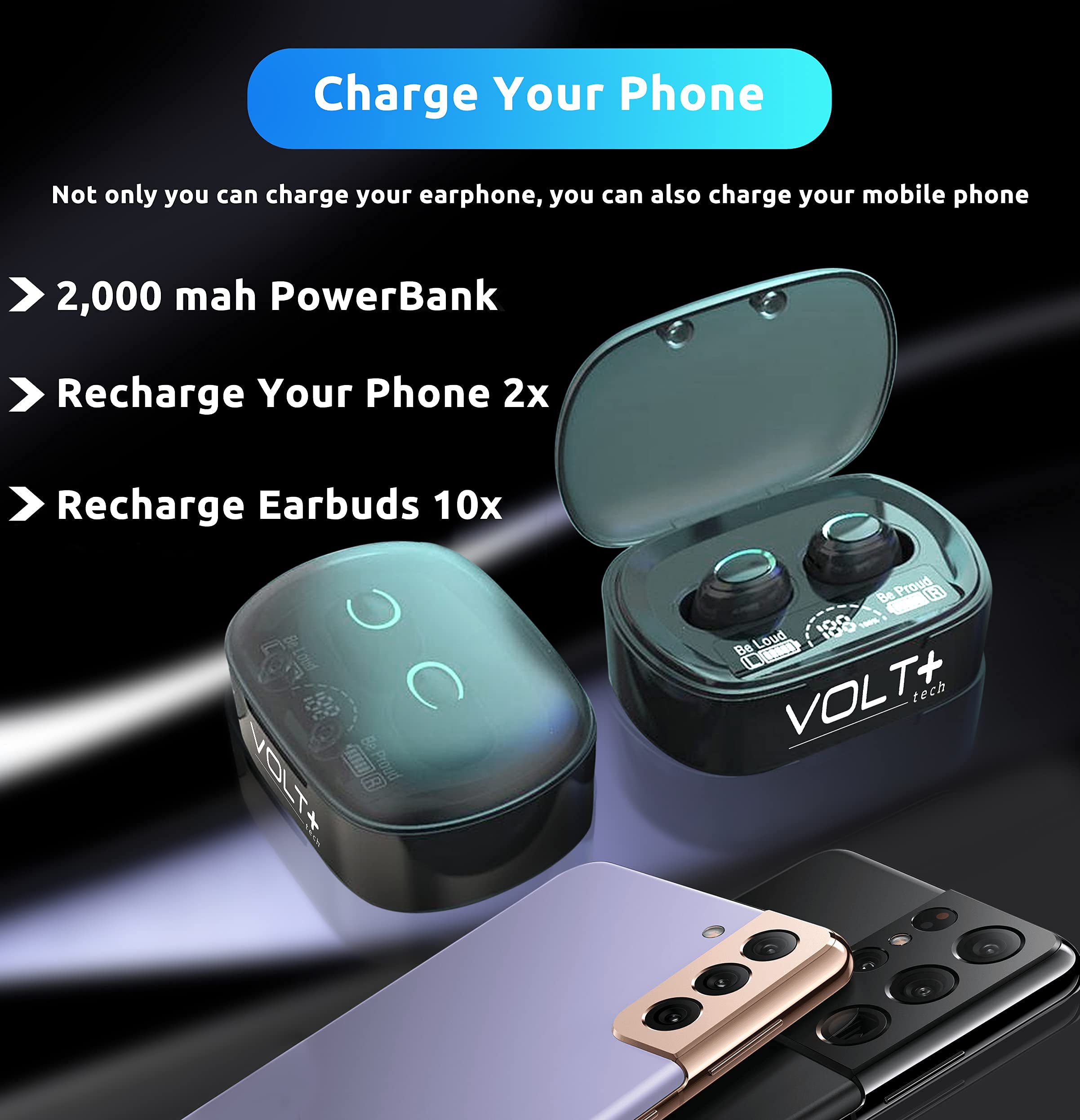 Wireless PRO Bluetooth 5.3 Earbuds Compatible with Samsung Galaxy S3 Slim + 2,000mah PowerBank 36 Hour Use, Wireless IPX4 Waterproof/Sweatproof/Noise Reduction with Quad Mic