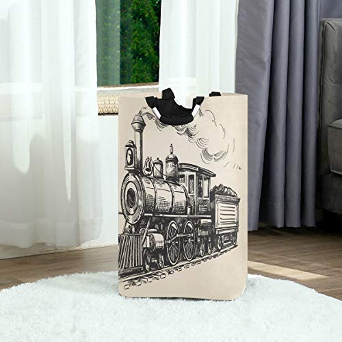 AUUXVA Laundry Basket Vintage Steam Locomotive Train Laundry Hamper with Handles Large Storage Clothes Toys Collapsible Laundry Bag for Bathroom Office Bedroom