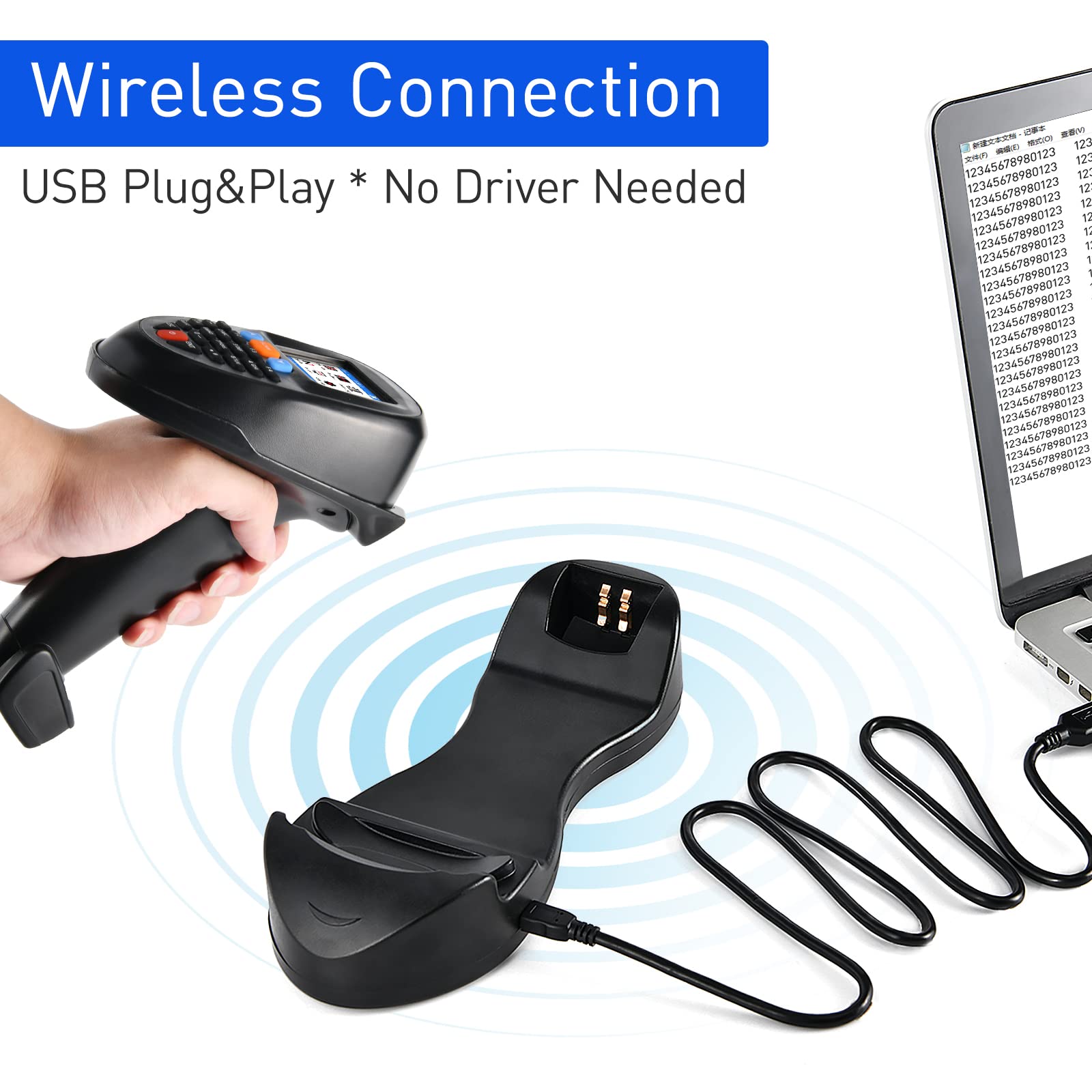 1D 2D Wireless Barcode Scanner, JRHC Portable Inventory Scanner with Charging Base Data Collector Barcode Reader Data Terminal 2 in 1 USB Connection & 2.4G Wireless Bar Code Scanners with 2.2" Screen