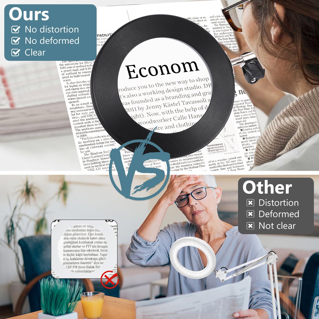 10X Magnifying Glass with Light and Clamp, Veemagni 3 Color Modes Stepless Dimmable Real Glass LED Lighted Magnifier, Adjustable Swing Arm Desk Lamp Hands Free for Close Works Crafts Repairing Sewing