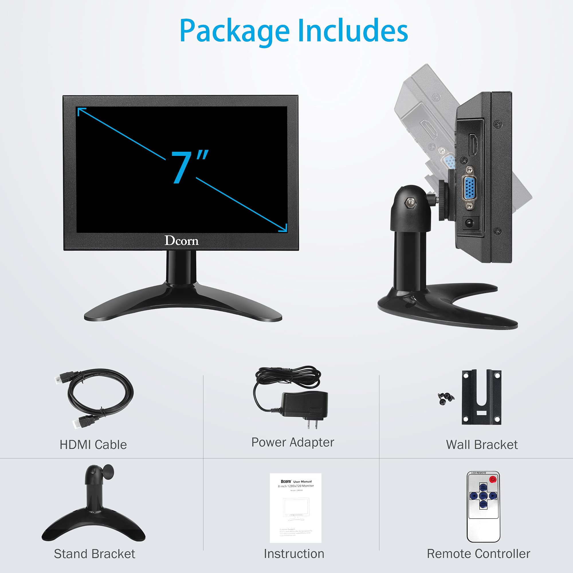 Dcorn 7 inch Mini Monitor,Small HDMI Monitor 1080P IPS Computer Monitors Support HDMI VGA BNC AV Input with Wall Bracket&Remote Control 1280x800 Pixel,160 Full Viewing w/Speaker
