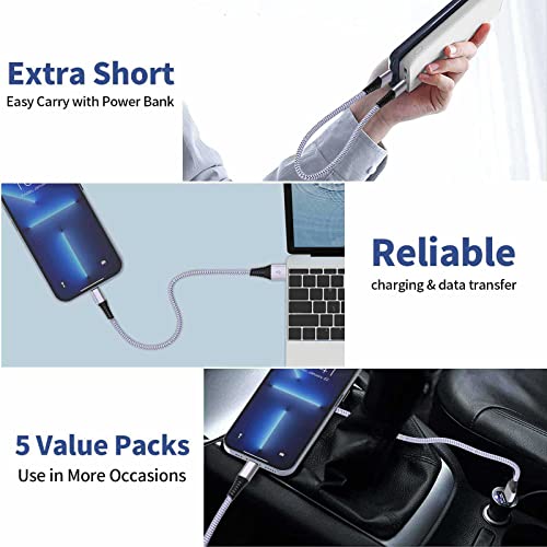 5 Pack Short Lightning Cable(8 Inch), [Apple MFi Certified] iPhone Fast Charging Cable,USB to Lightning High Speed Data Sync Nylon Braided Cord for iPhone 14/13/12/11/XR/X/8/7/6/iPad/Airpods/PowerBank