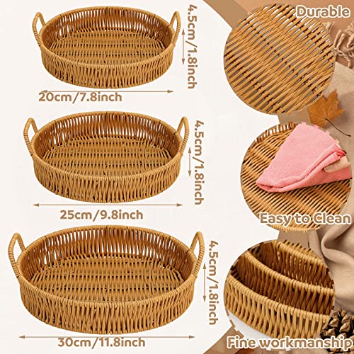 3 Pcs Rattan Serving Tray with Handles, Woven Wicker Tray Round Shallow Rattan Basket, Poly Wicker Basket Tray, Decorative Rattan Fruit Tray Cracker Boho Tray Decor for Serving Bread, Vegetable, Snack