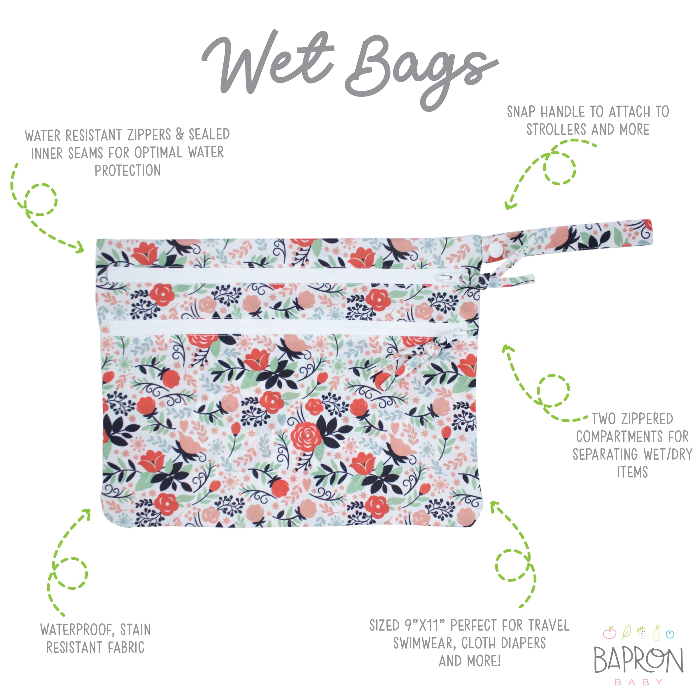BapronBaby Vintage Rose Wet Dry Bag - Waterproof Two Zipper Pockets - Reusable for Mealtime, Diapers, Stroller, Snacks, Swimsuits - Machine Washable - 11" x 9"