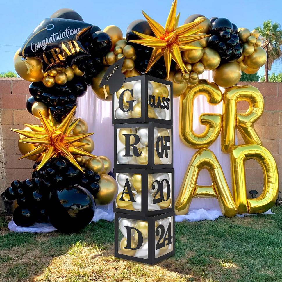 2024 Graduation Balloon Boxes Decorations, 4 pieces Black Graduation Party Balloons Boxes with “GARD” “Class of 2024” Letters, Little Cap Graduation Decorations for Congrats Grad 2024 Decor