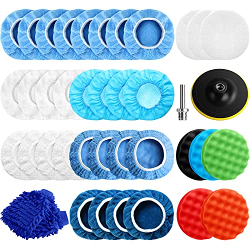 40 Pcs Car Polishing Kit Include 28 Pcs 5-6 Inch Microfiber Car Polishing Bonnet Pads 10 Pcs 6 Inch Wool Sponge Buffing and Foam Polish Pads Wax Buffer Polisher with Drill 2 Pcs Chenille Car Wash Mitt