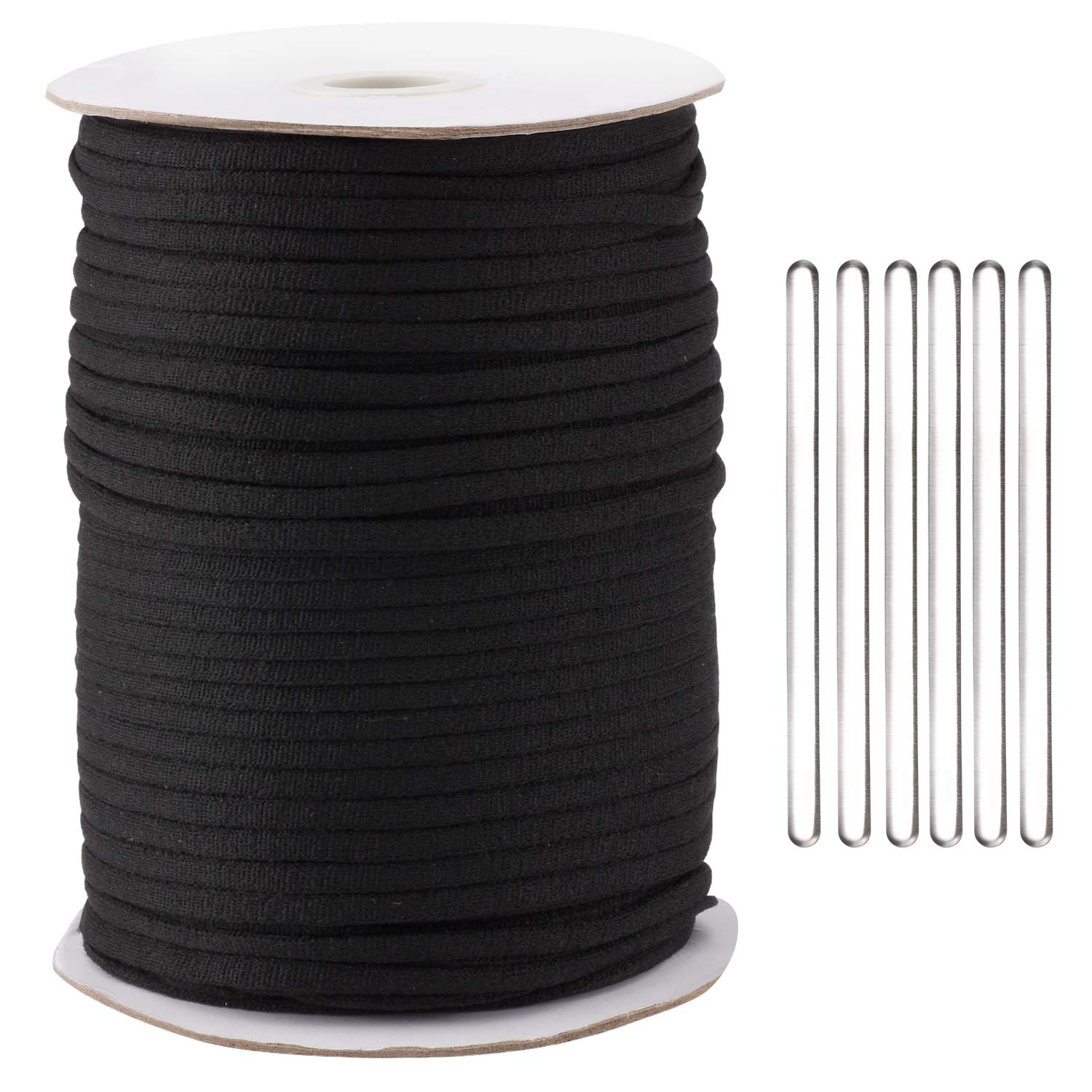 125Yard 1/5 Inch Wide Black Elastic String Cord Bands Rope with 100 pcs 50MM Aluminum Nose Bridge for Sewing Crafts DIY Mask (Black)
