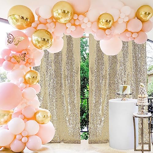 2×8FT-2PCS Champagne Gold Sequin Backdrop Curtains Panels, Photography Backdrop Glitter Curtains Fabric Background for Christmas Wedding Party Decor