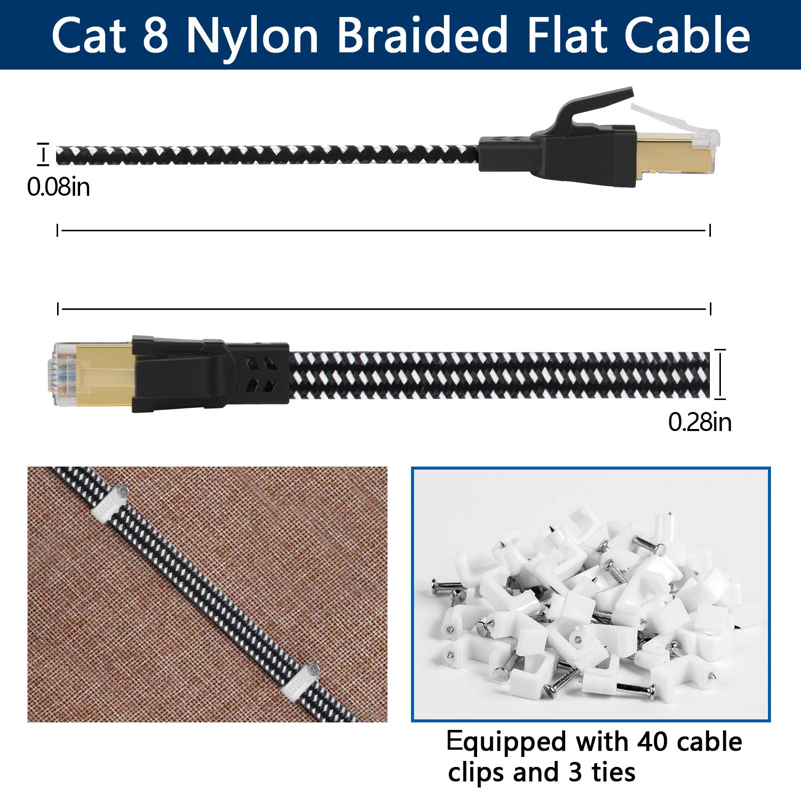 DEEGO Cat 8 Ethernet Cable 100 FT, Nylon Braided High Speed Flat Network Cable Shielded, 30AWG LAN Internet Cable 40Gbps, 2000Mhz with Gold Plated RJ45 Connector Fits Gaming, Router, Modem, PS4, PS5